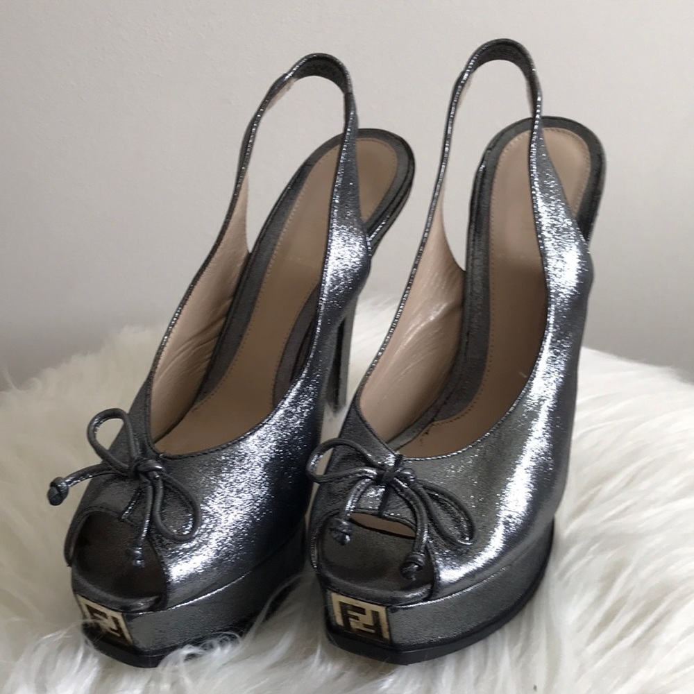 Fendi Silver Ff Zucca Logo Platforms Slingback Sandal… - Gem